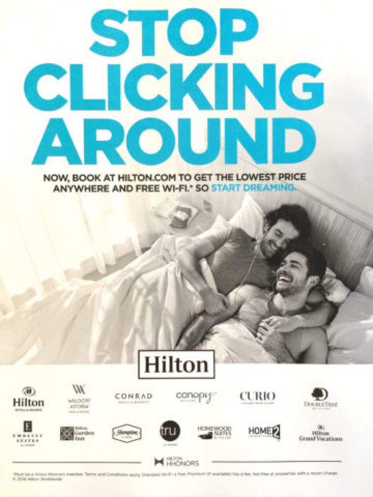 Hilton Hotel Ad of Two Men in Bed in Travel and Leisure Magazine ...